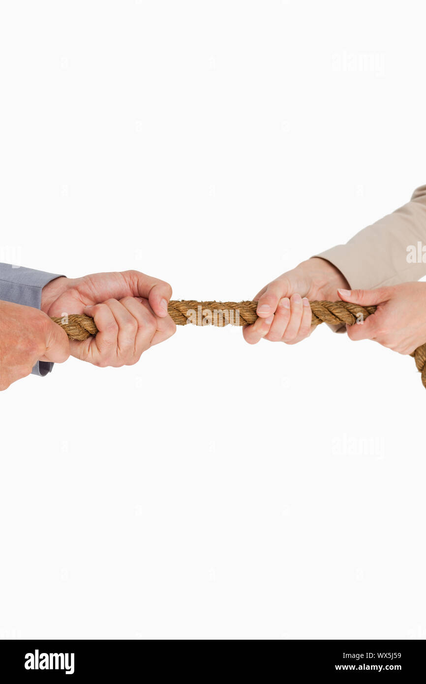 Business people pulling the rope against white background Stock Photo ...