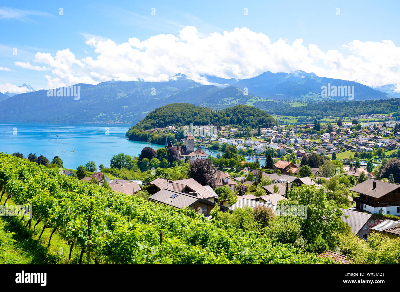 Picturesque Alpine village Spiez located by Lake Thun in Switzerland ...