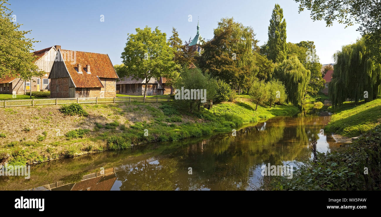 park with river Berkel, farmhouse museum and St Georg church, Vreden ...