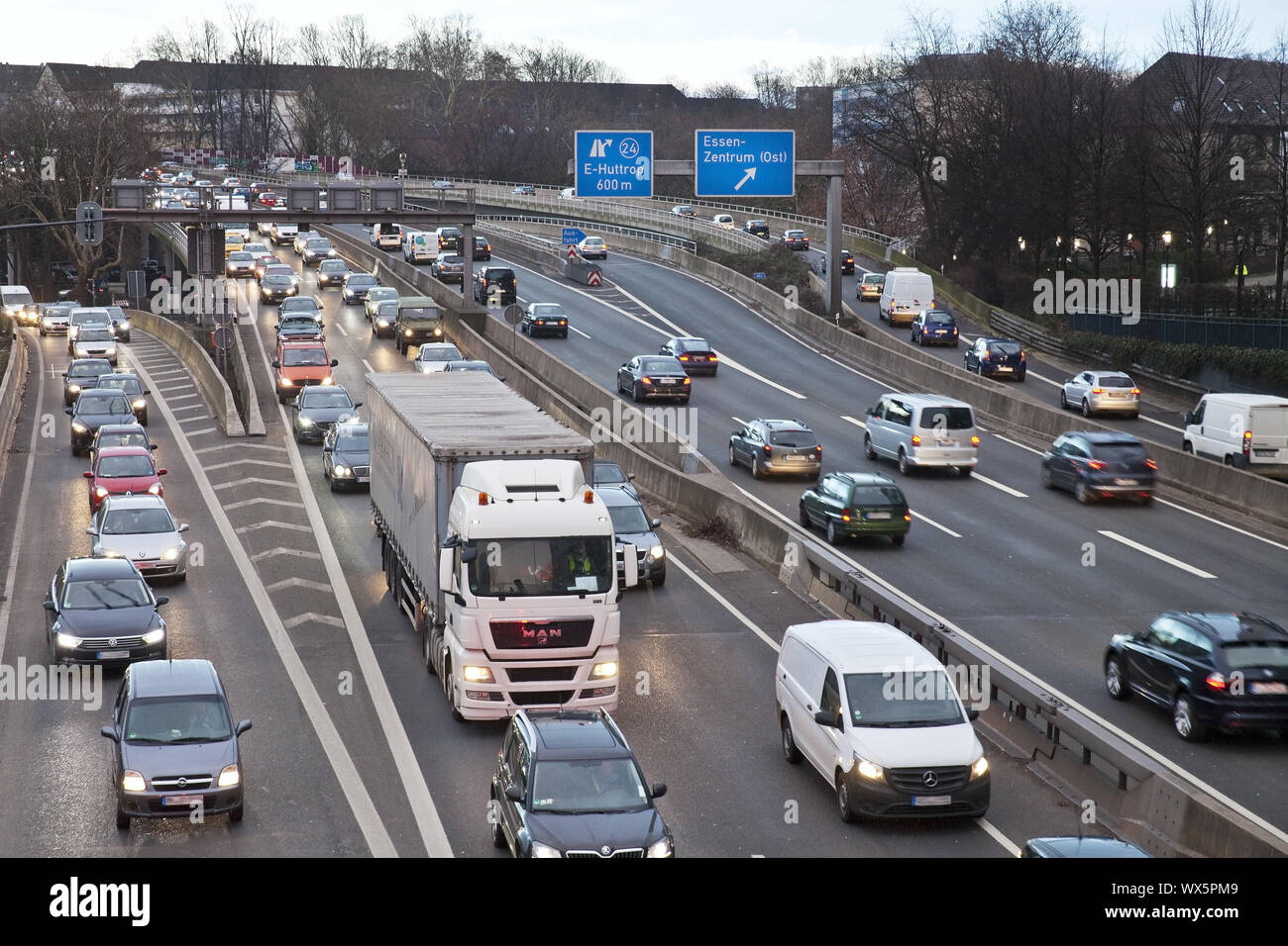 traffic jam on motorway A40 in the inner city, Essen, Ruhr Area ...