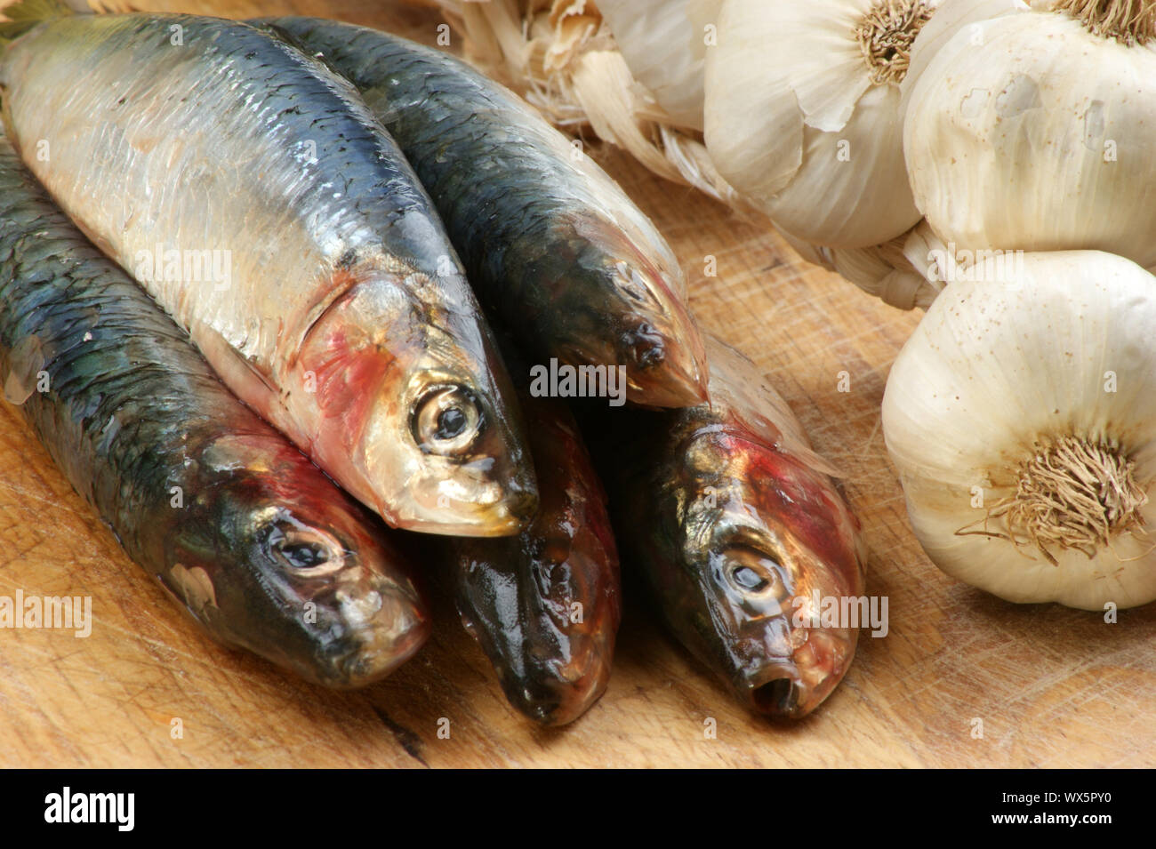 some fresh organic sardine on a timber board Stock Photo - Alamy