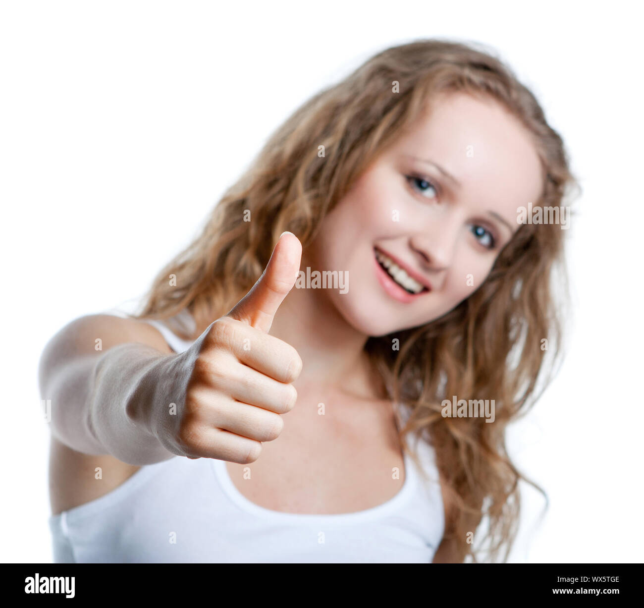 girl shows her finger up isolated on white background Stock Photo - Alamy