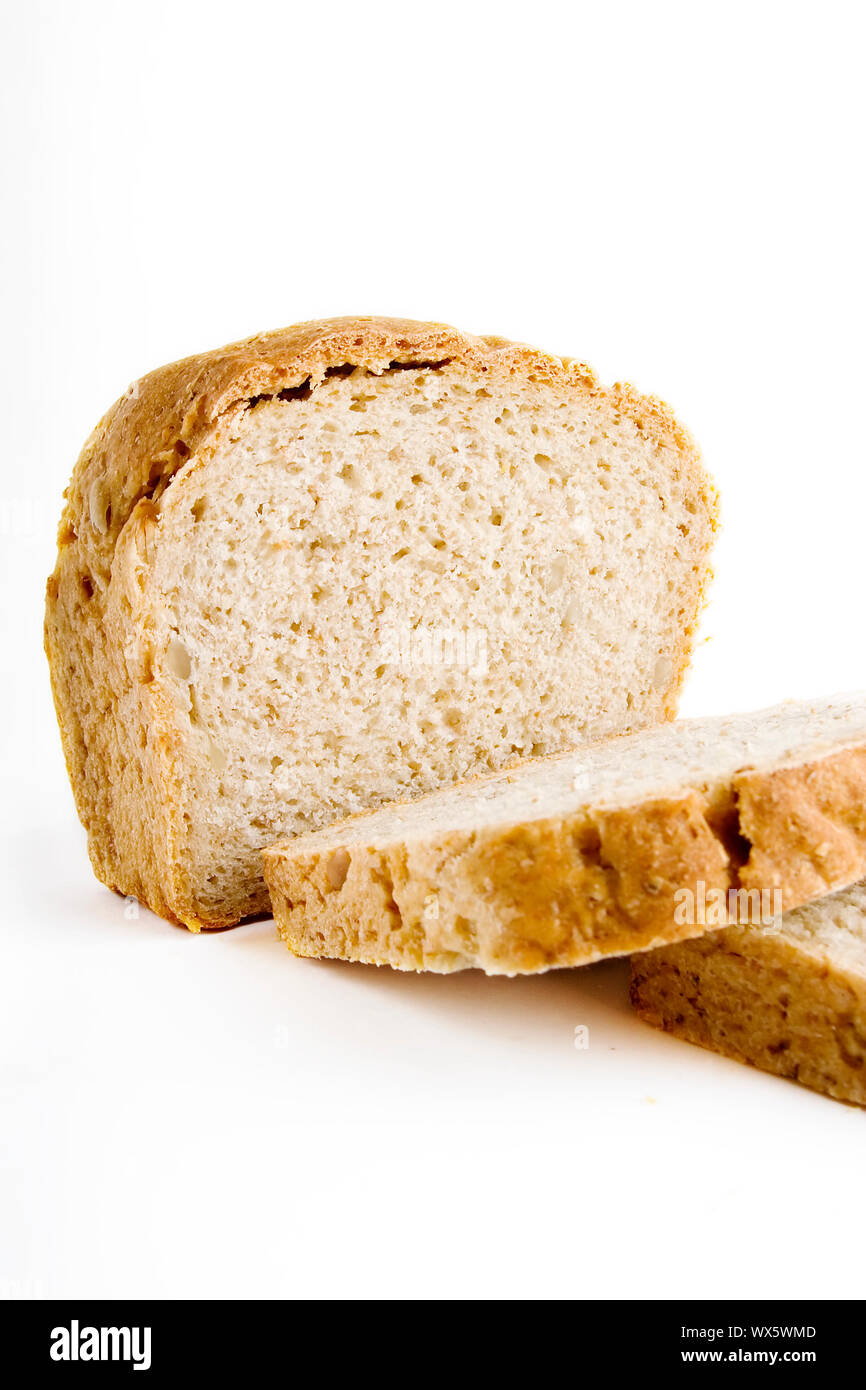A single slice of homemade bread on a white background Stock Photo - Alamy