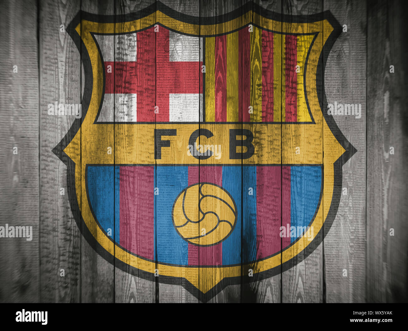 Barcelona football club, coat of arms, background, texture, blurred ...