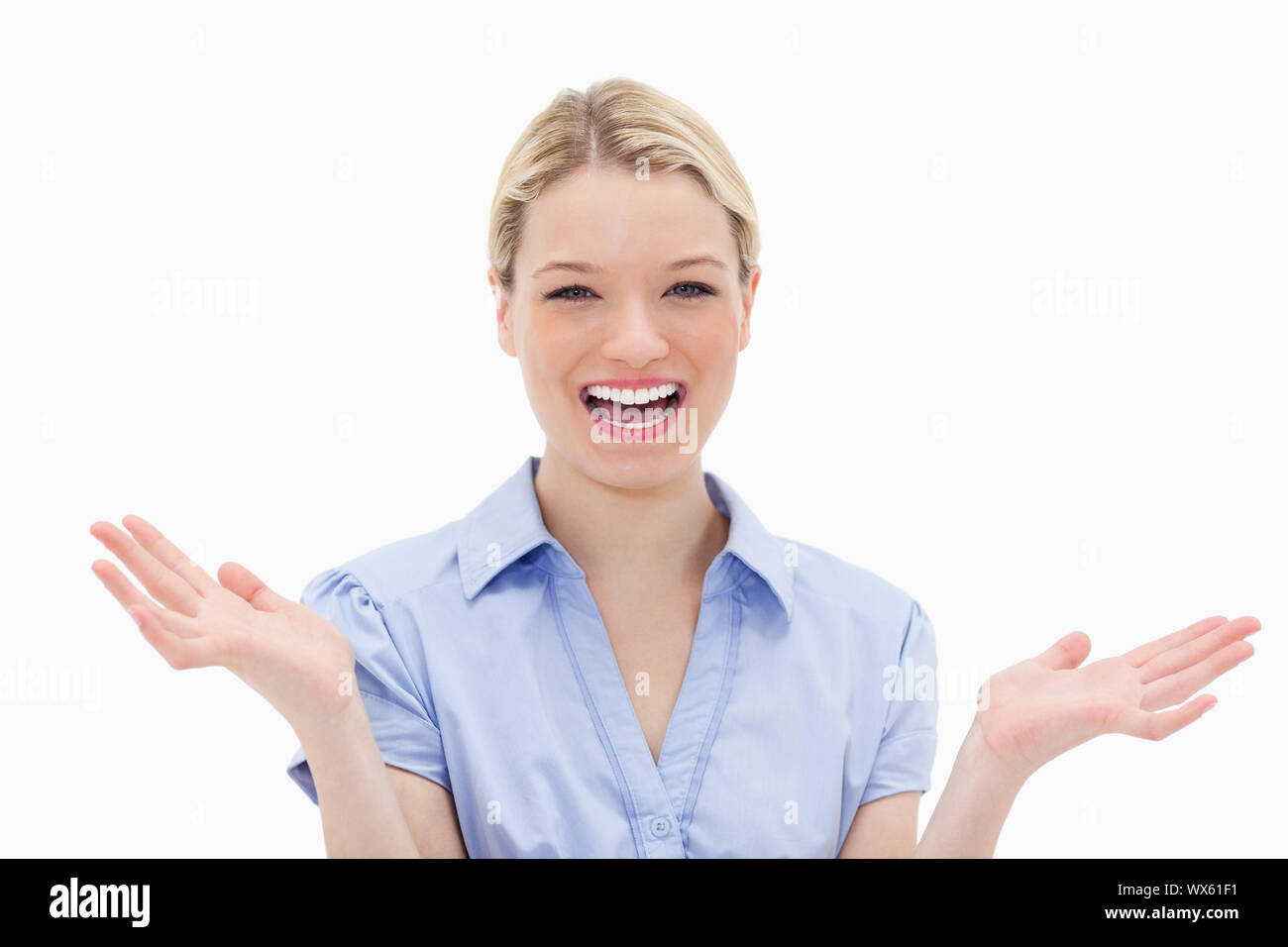 Cheerful laughing woman against a white background Stock Photo - Alamy