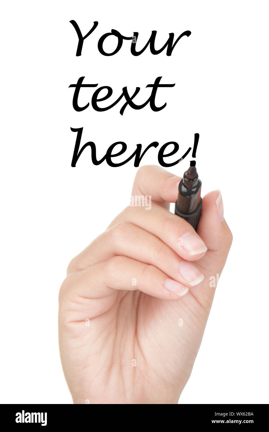 Hand writing on copy space on virtual whiteboard / screen. Isolated on ...