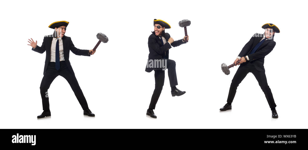 Pirate businessman holding hammer isolated on white Stock Photo - Alamy