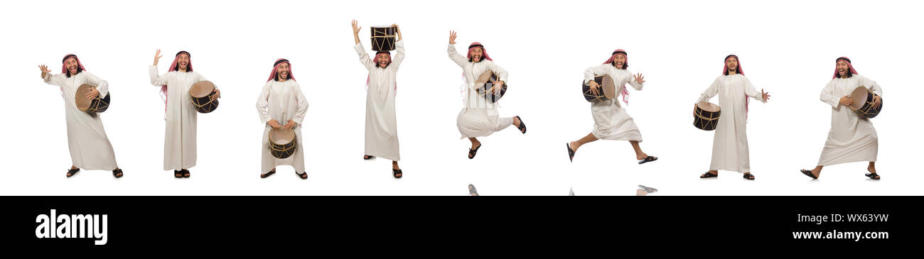 Arab man playing drum isolated on white Stock Photo - Alamy