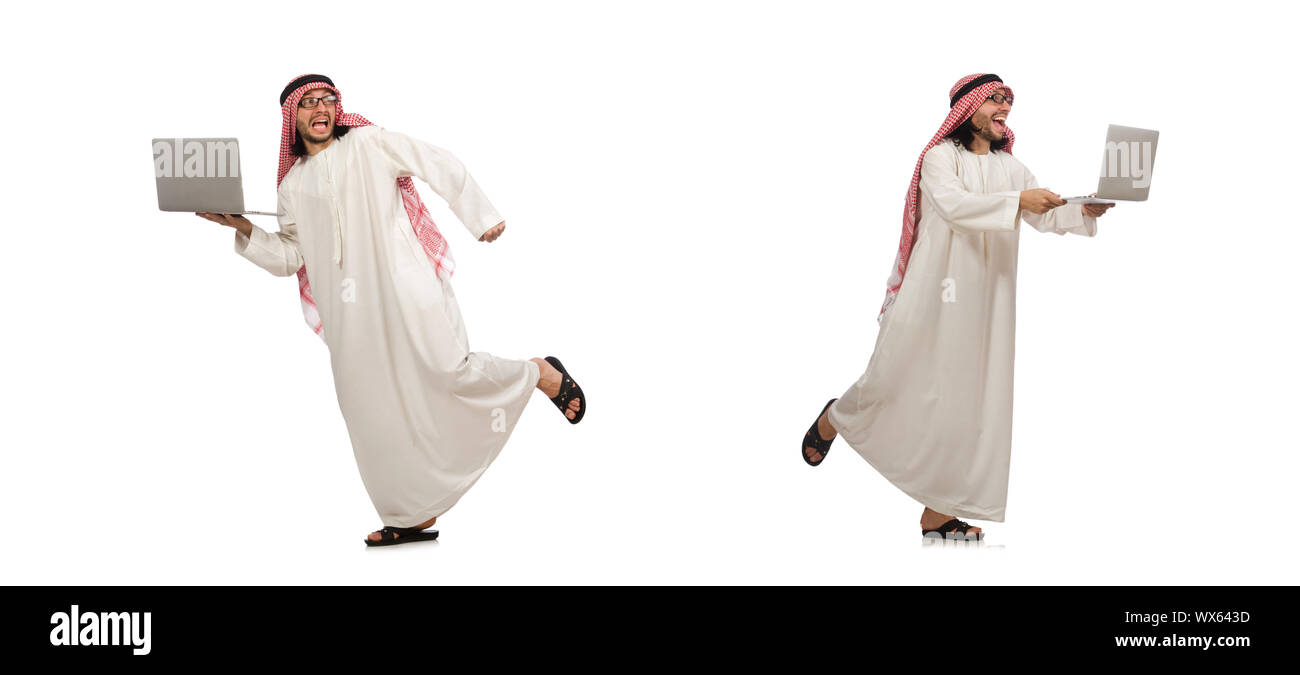 Arab man with laptop isolated on white Stock Photo - Alamy