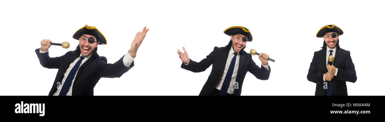 Pirate businessman holding the microphone isolated on white Stock Photo ...