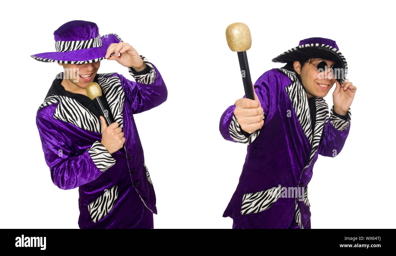 Funny man with microphone isolated on white Stock Photo - Alamy