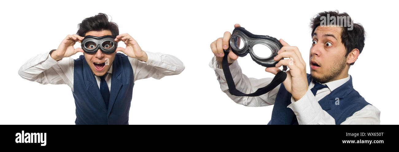 Funny man wearing goggles isolated on white Stock Photo - Alamy