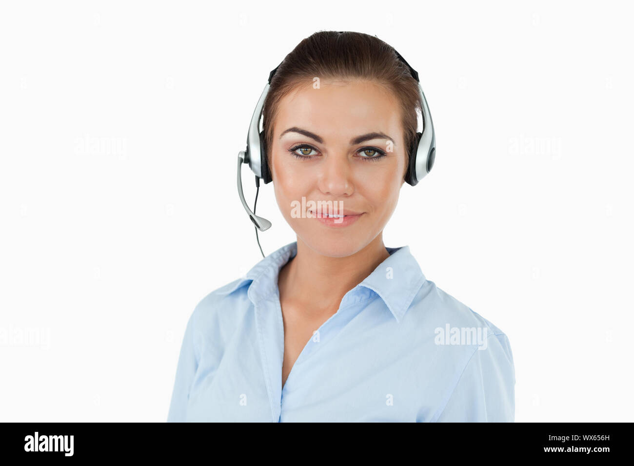 Call center agent with headset on against a white background Stock ...