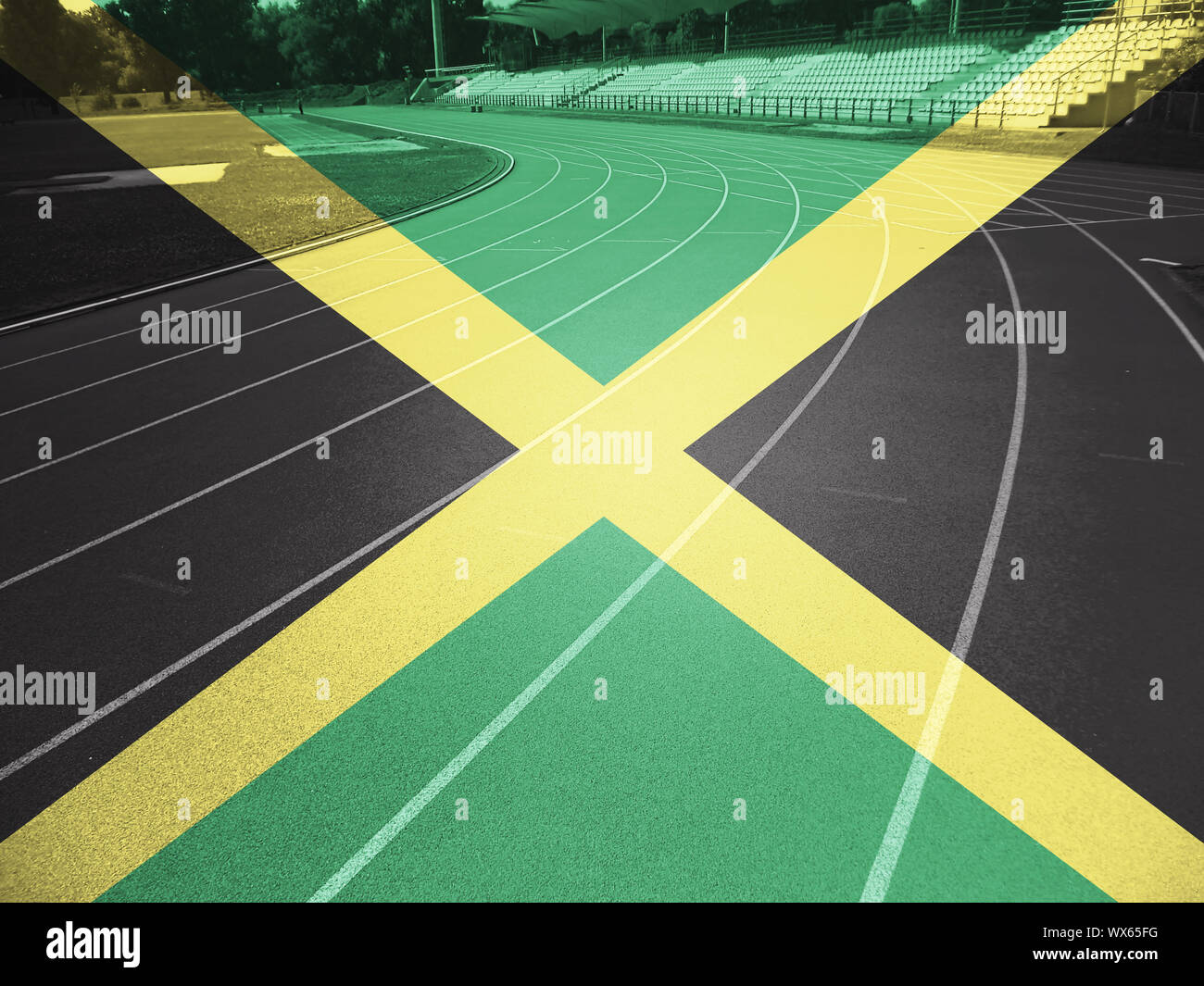 Flag of Jamaica, background, athletics track, running Stock Photo - Alamy