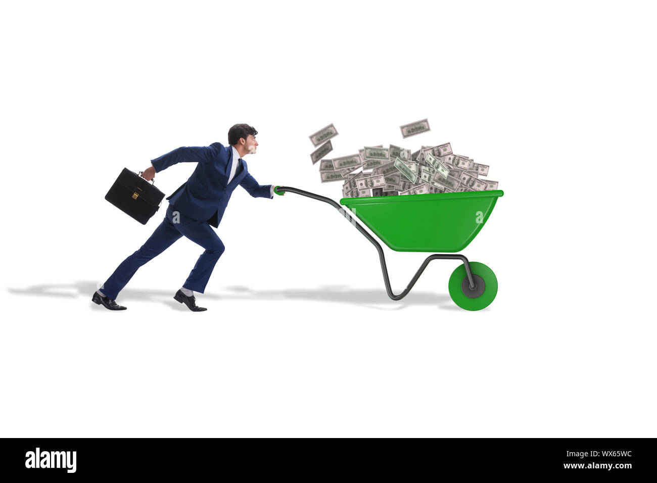 Businessman pushing wheelbarrow full of money Stock Photo - Alamy