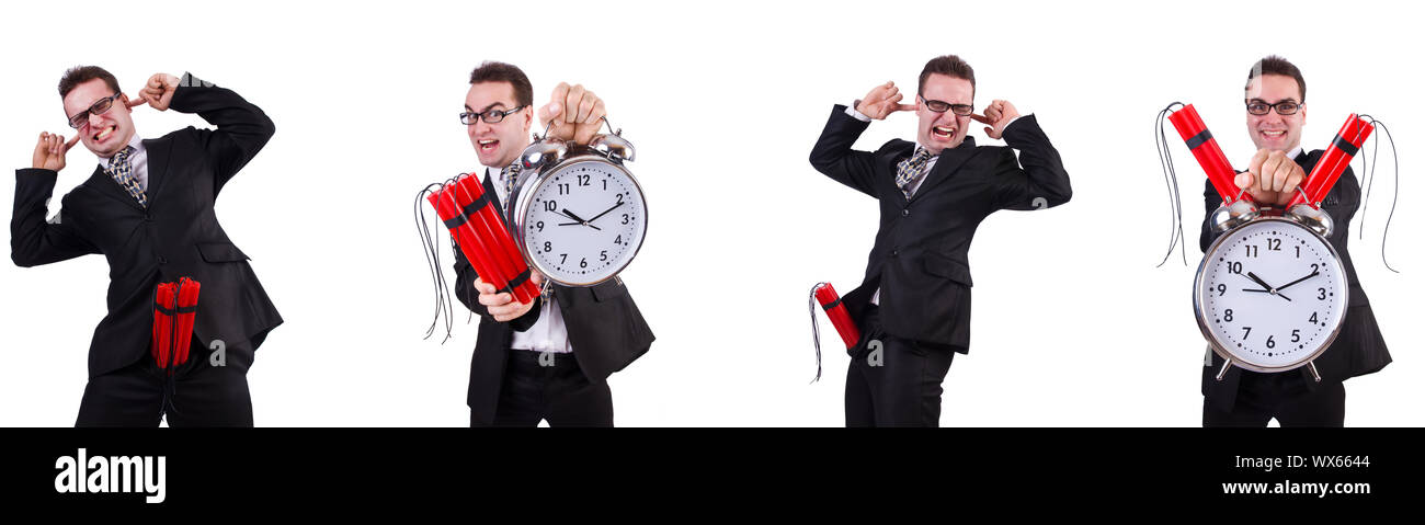 Man with time bomb isolated on white Stock Photo - Alamy