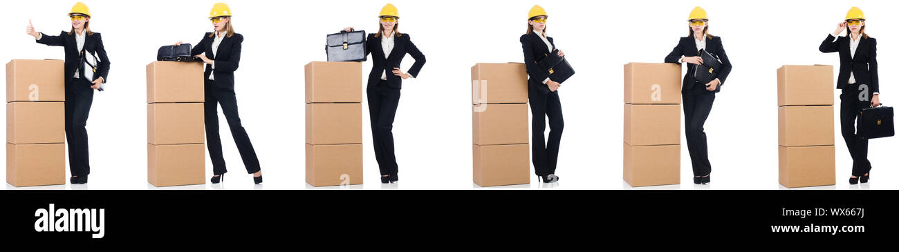 Woman builder with box isolated on white Stock Photo - Alamy
