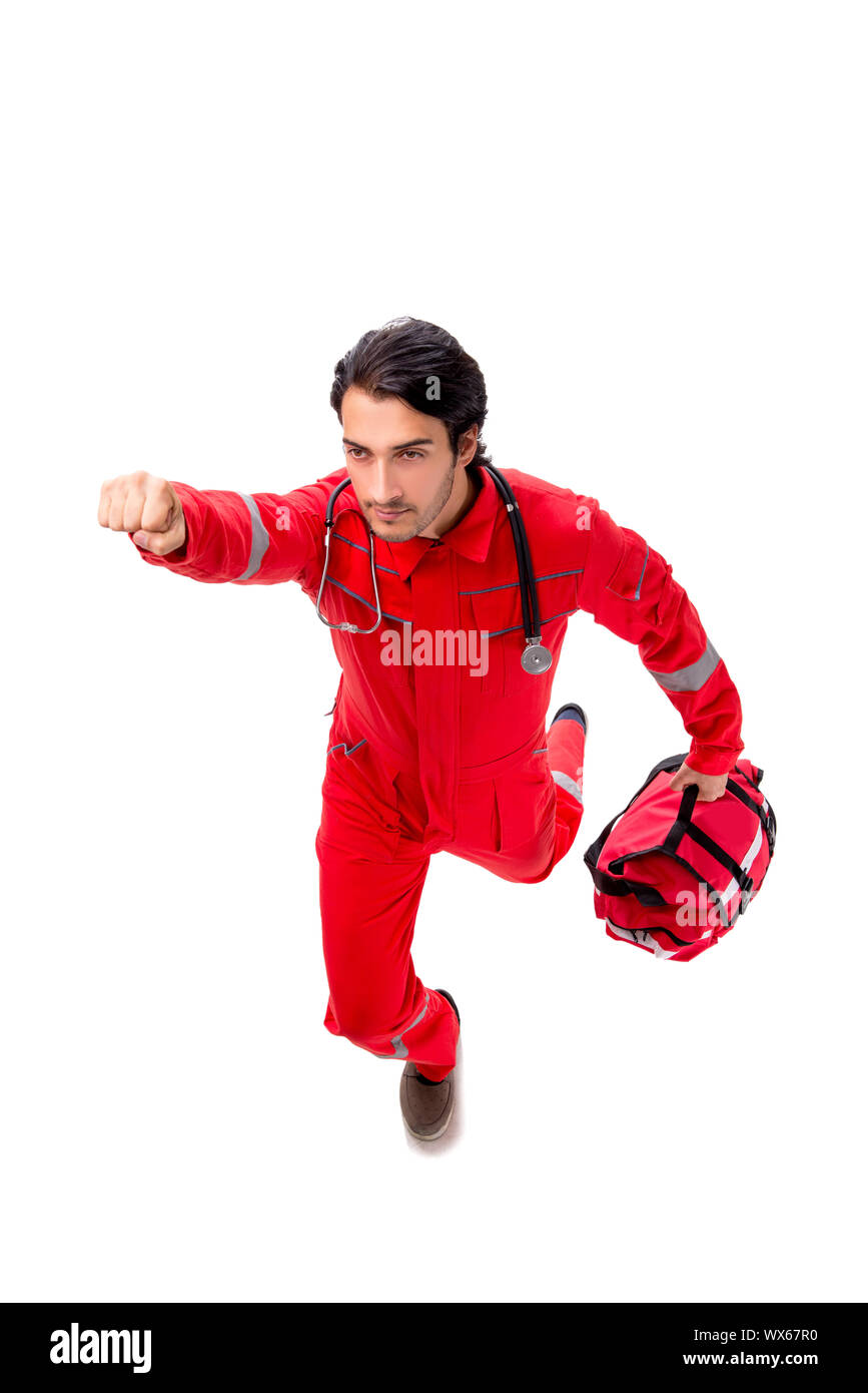 Young paramedic in red uniform isolated on white Stock Photo - Alamy