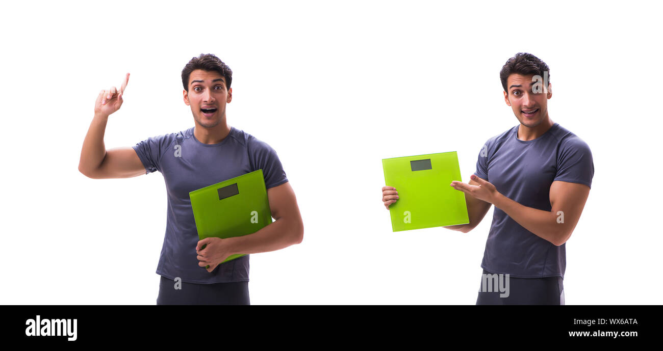 Man with scales in sports and health concept isolated on white Stock ...