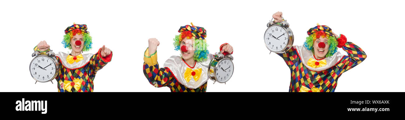 Clown with clock isolated on white Stock Photo - Alamy