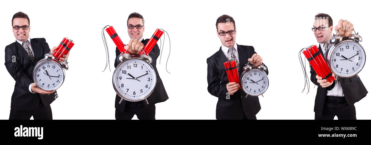 Man with time bomb isolated on white Stock Photo - Alamy