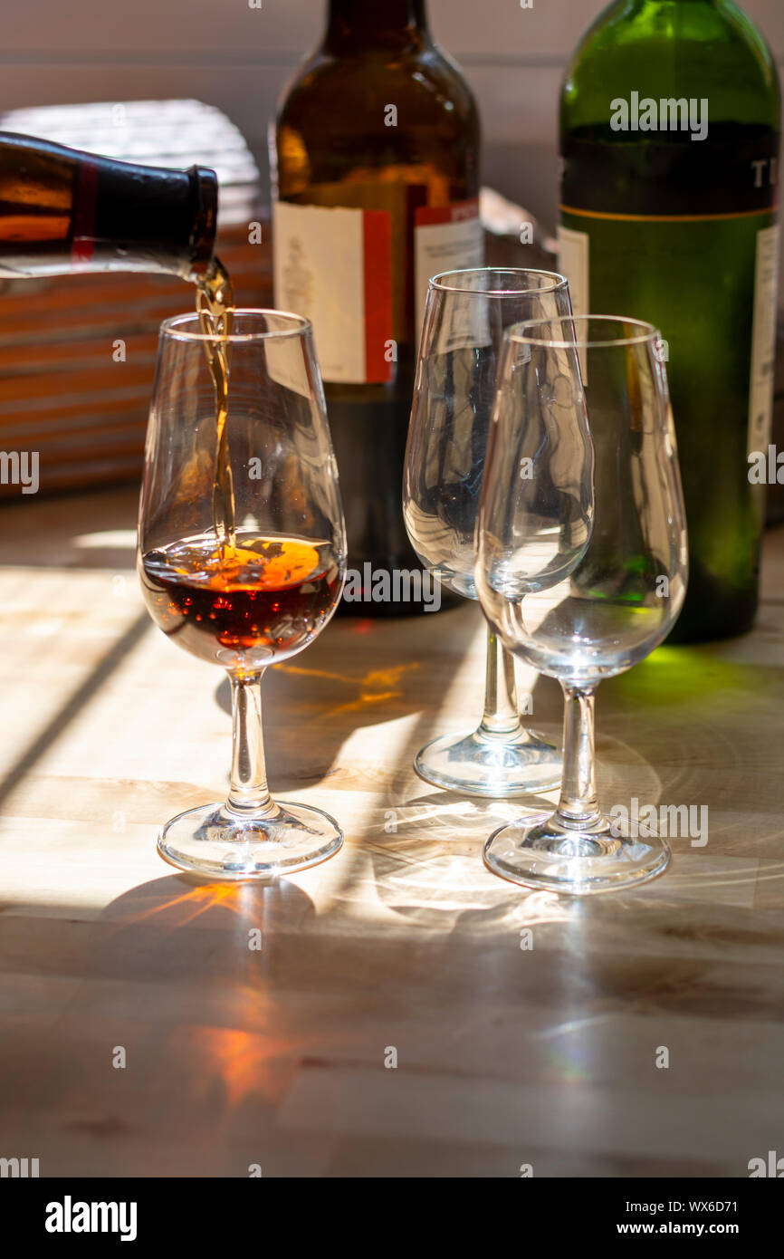 Sherry wine tasting, selection of different sweet jerez fortified wines ...