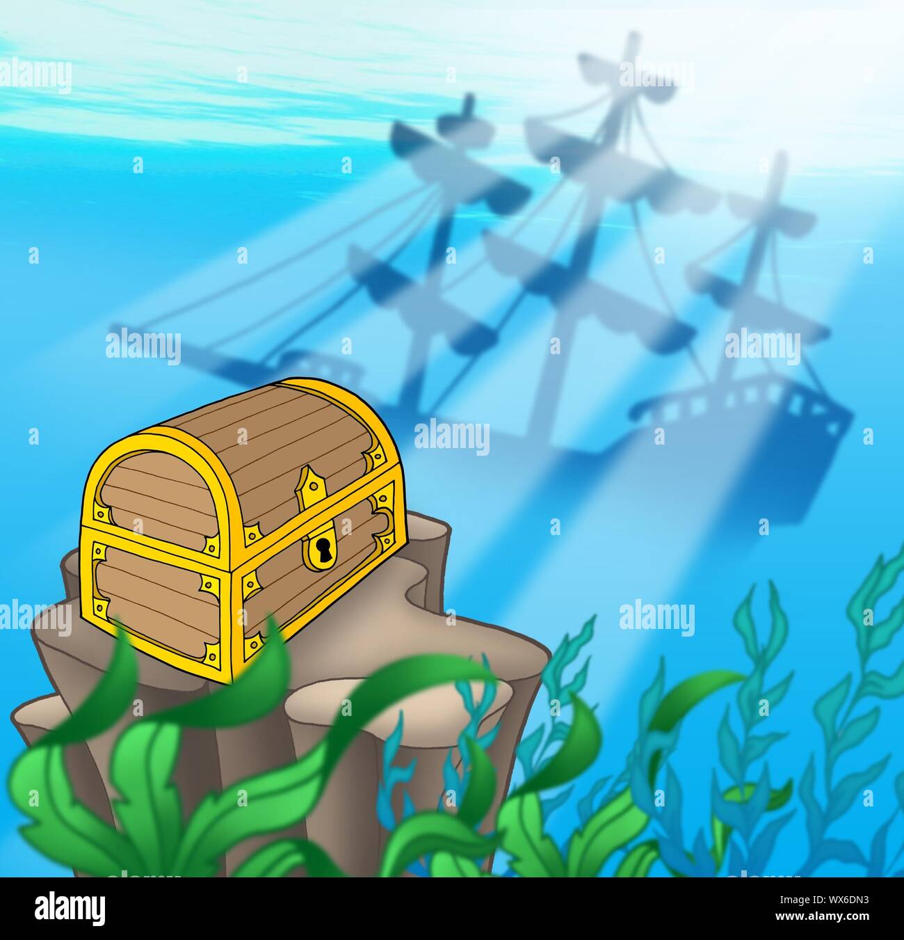 Treasure chest with shipwreck - color illustration Stock Photo - Alamy