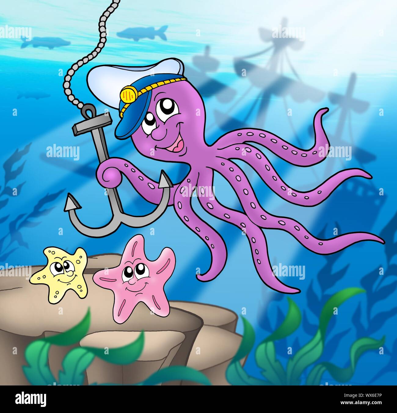 Octopus with anchor and starfishes - color illustration Stock Photo - Alamy