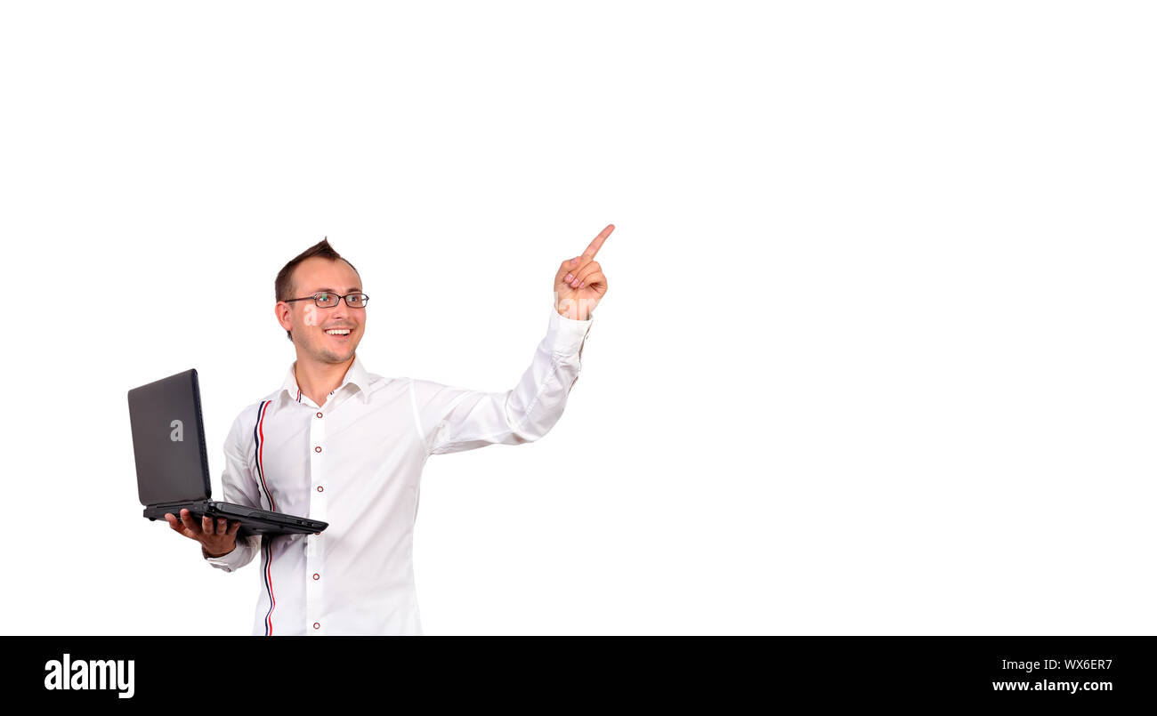 Businessman points finger laptop hi-res stock photography and images ...