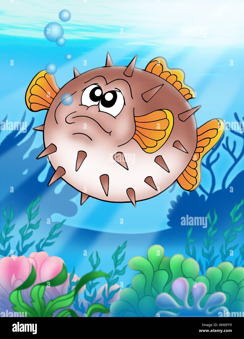 Balloonfish with bubbles - color illustration Stock Photo - Alamy