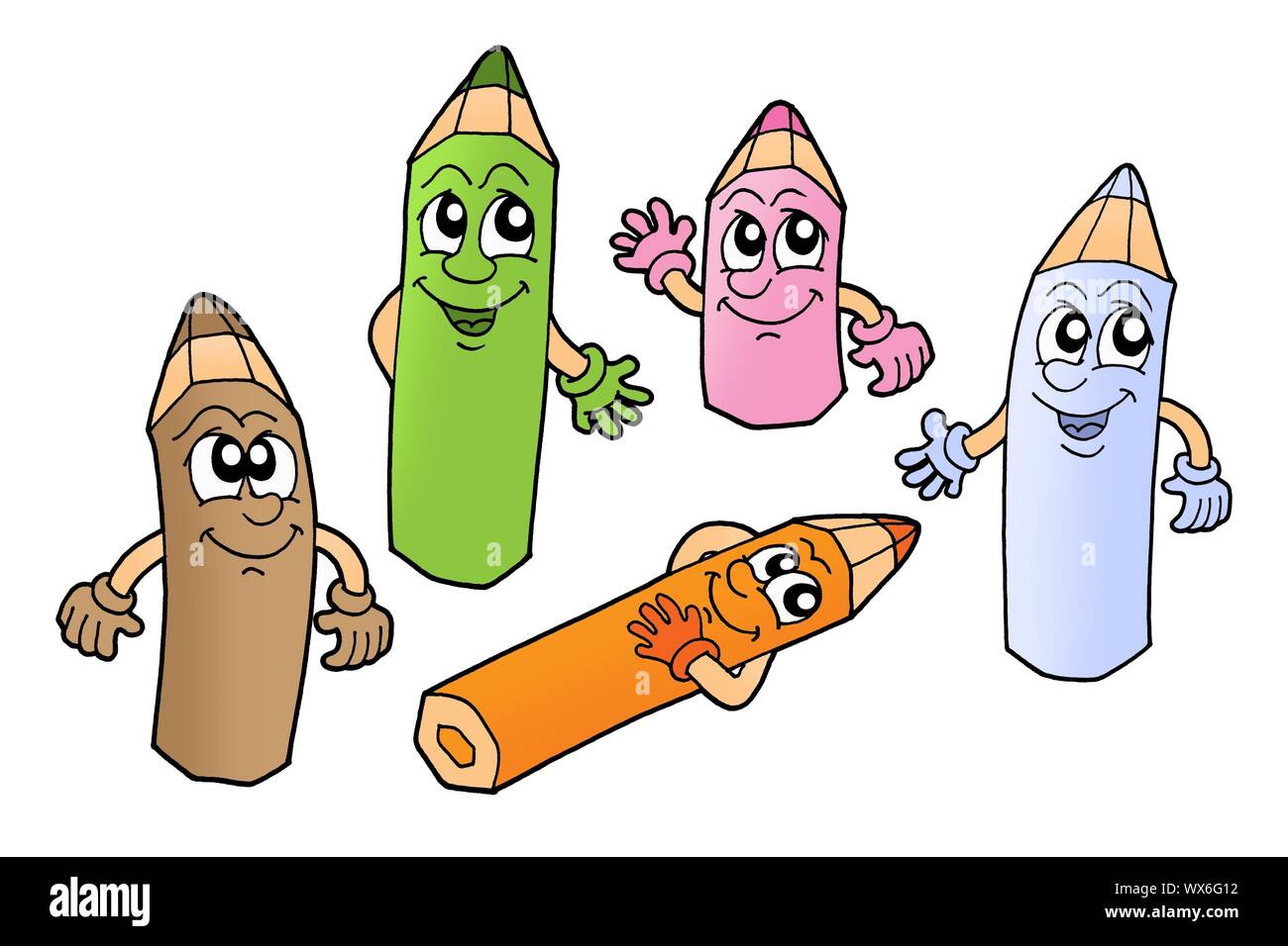 Color illustration of five color crayons on white background Stock ...