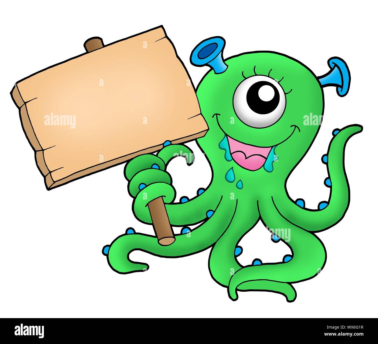 Cute monster with wooden sign - color illustration Stock Photo - Alamy