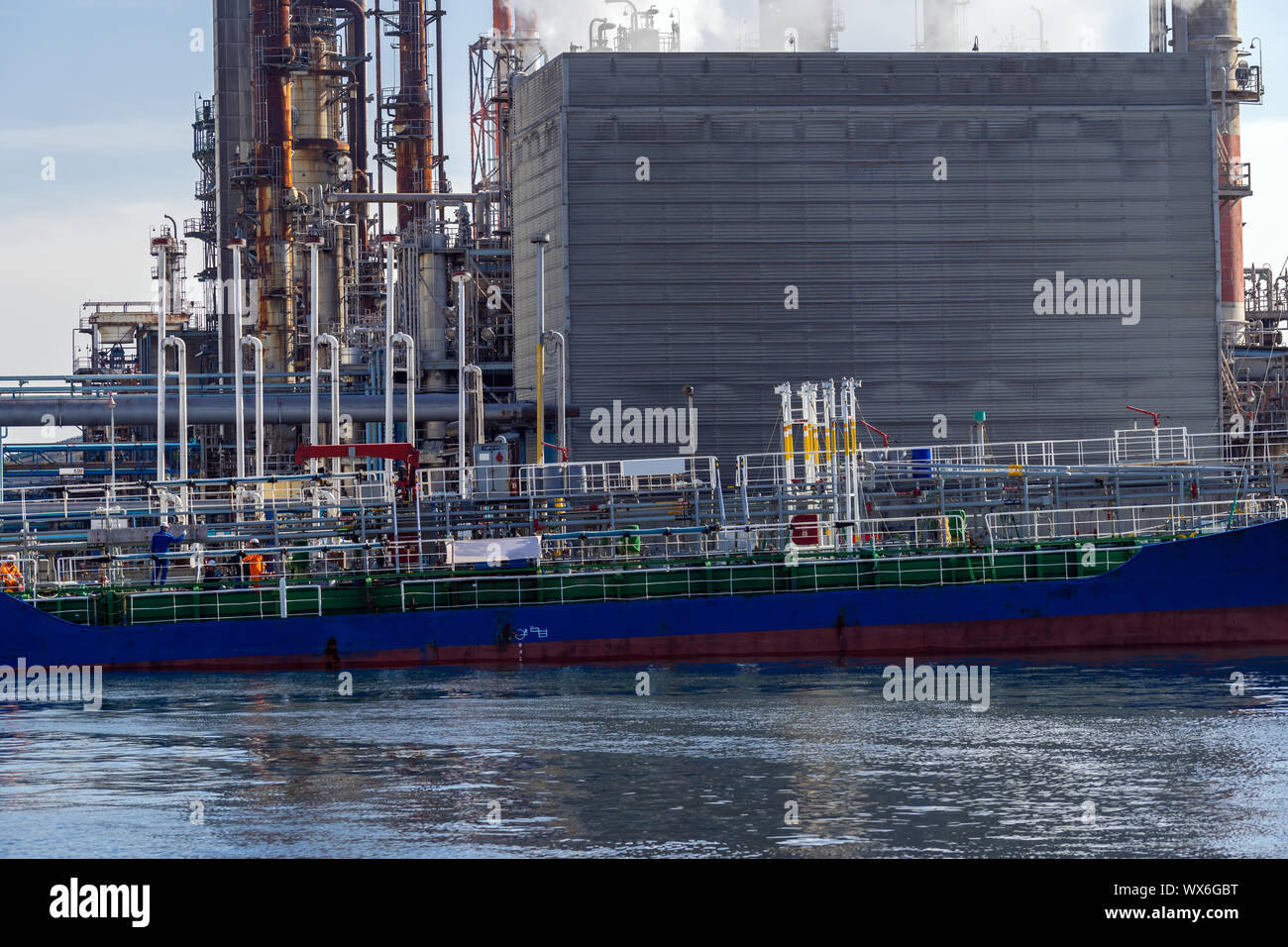 Tanker boat Chemical factory Stock Photo - Alamy