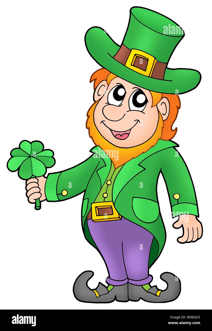 Leprechaun with four leaves clover - color illustration Stock Photo - Alamy