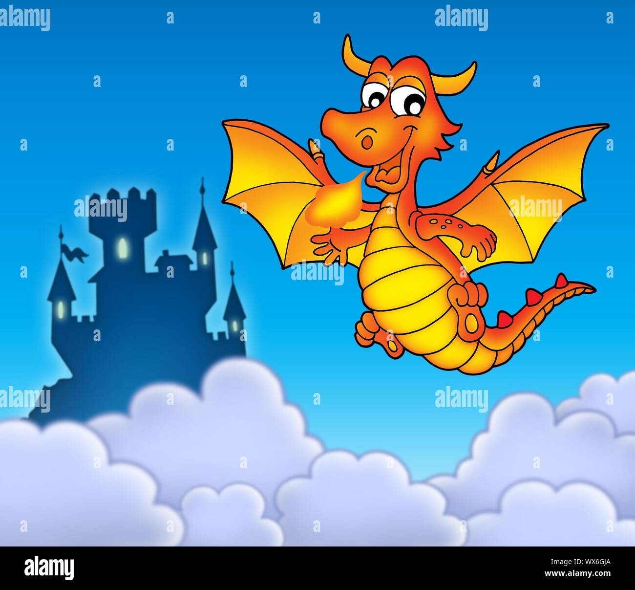 Red dragon with castle - color illustration Stock Photo - Alamy