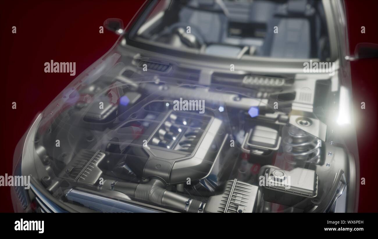 engine and other parts visible in car Stock Photo - Alamy