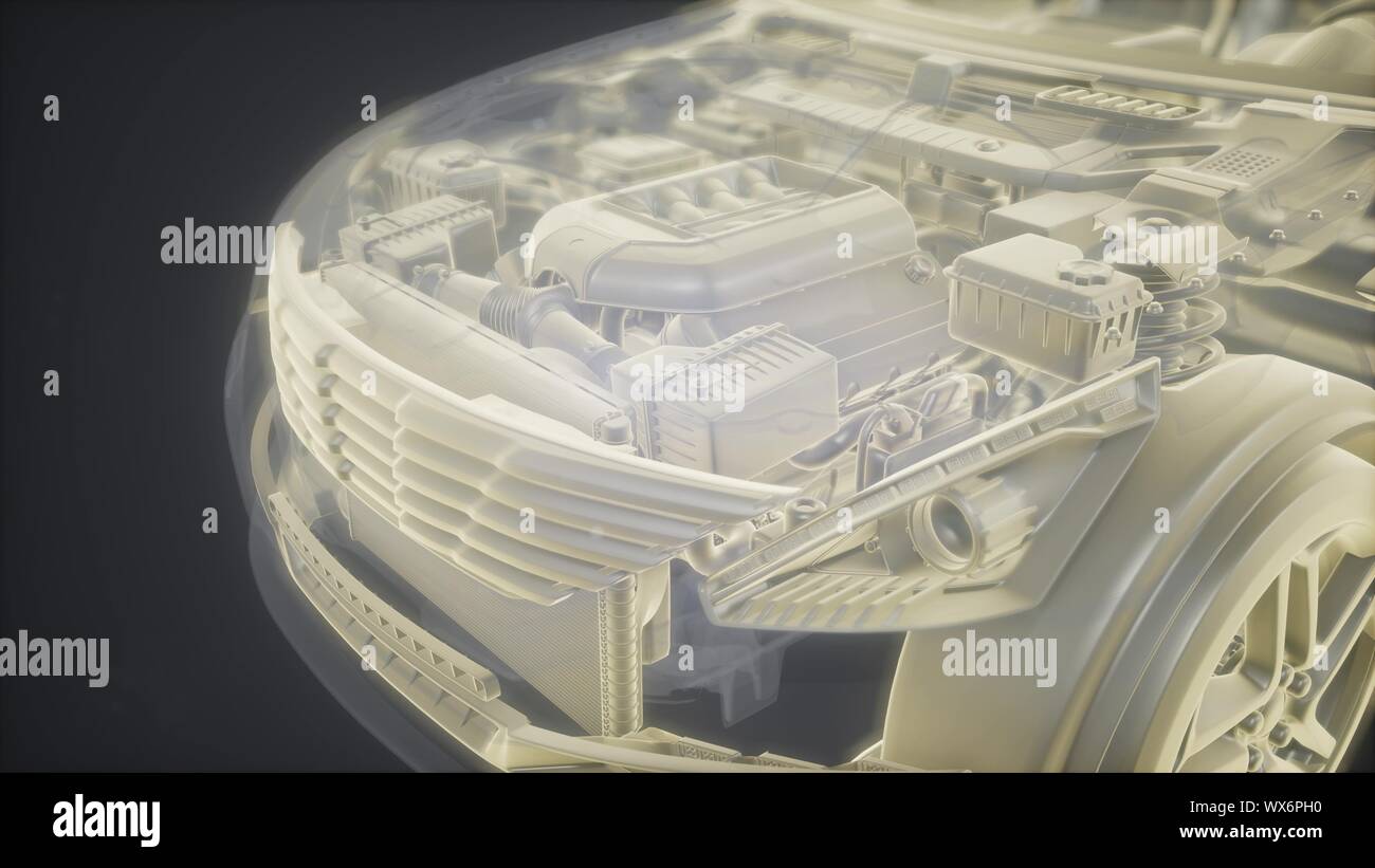 Holographic animation of 3D wireframe car model with engine Stock Photo ...