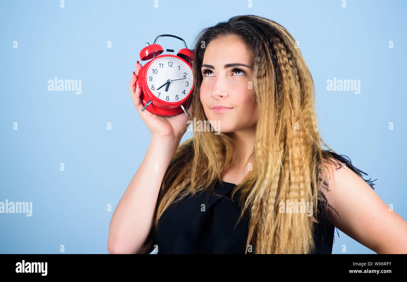 Few minutes. Time management. Punctuality and discipline. Woman hold ...