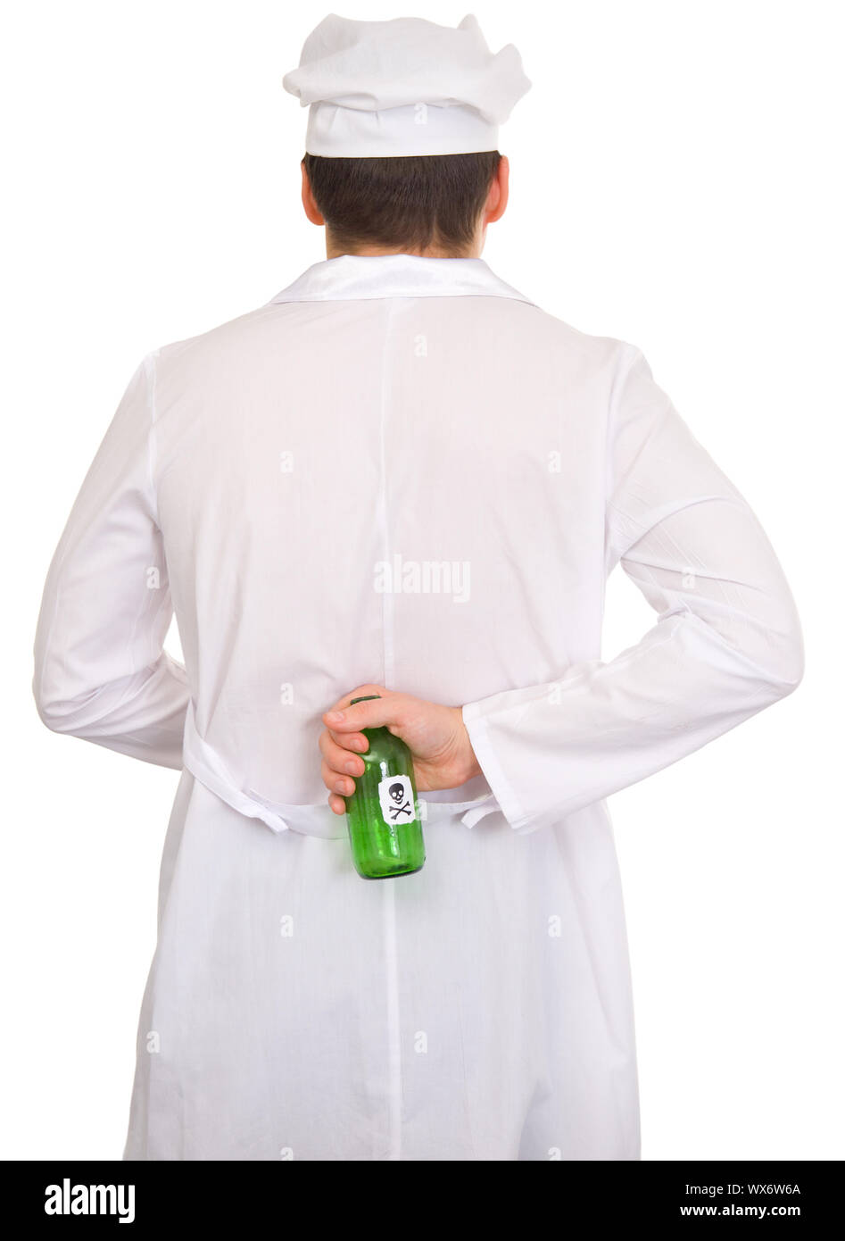 Cook in white overall with green bottle of poison on a white background ...
