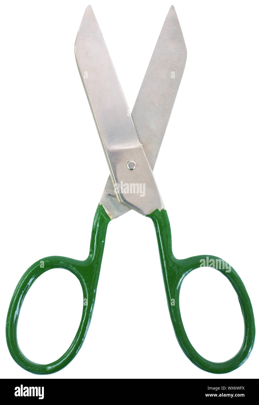 Big metallic scissors with green handle on the white background Stock ...