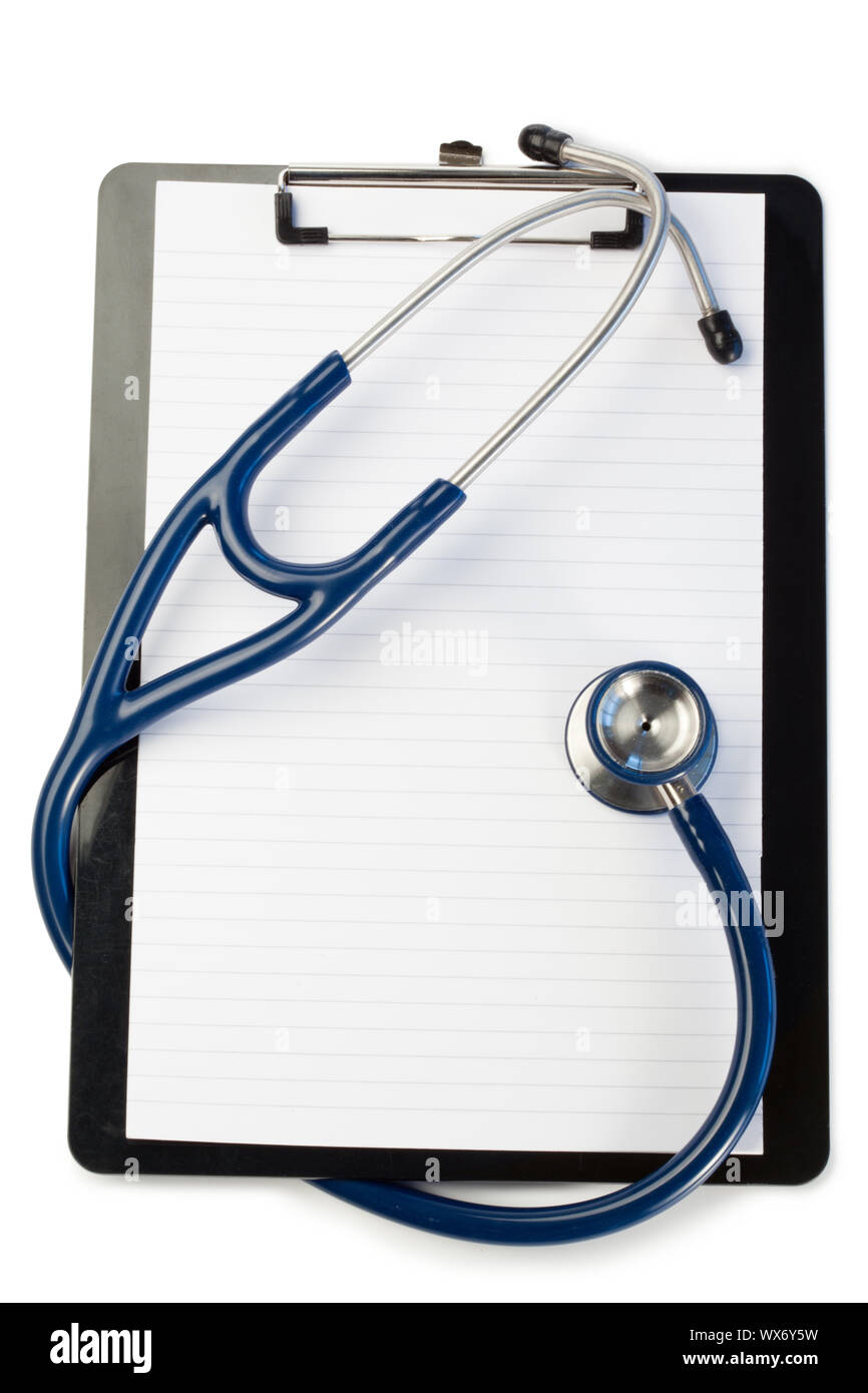 Note pad and stethoscope on a white background Stock Photo - Alamy