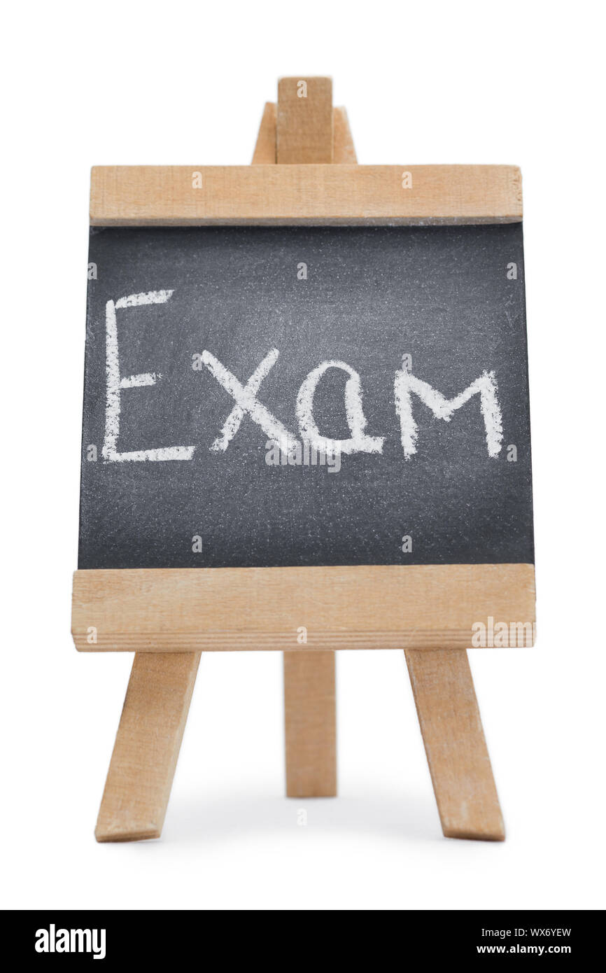 Chalkboard with the word exam written on it isolated against a white ...
