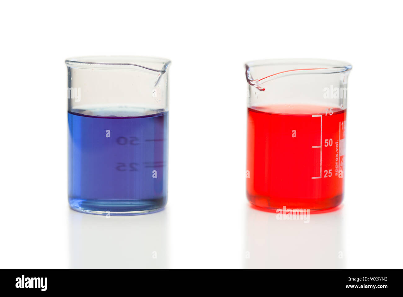 Red and blue liquid in beakers on a white background Stock Photo - Alamy