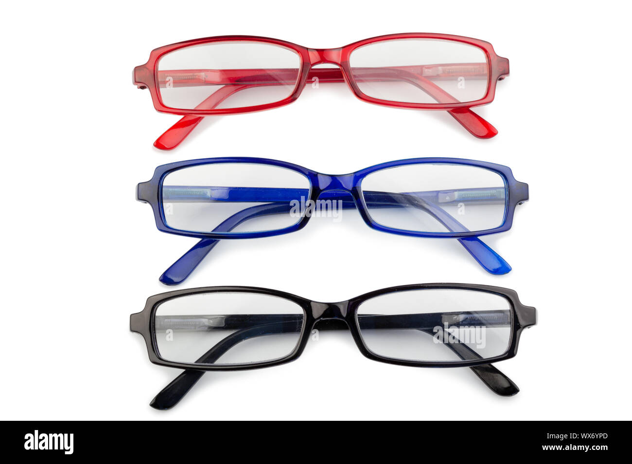 Black red and blue glasses on a white background Stock Photo - Alamy