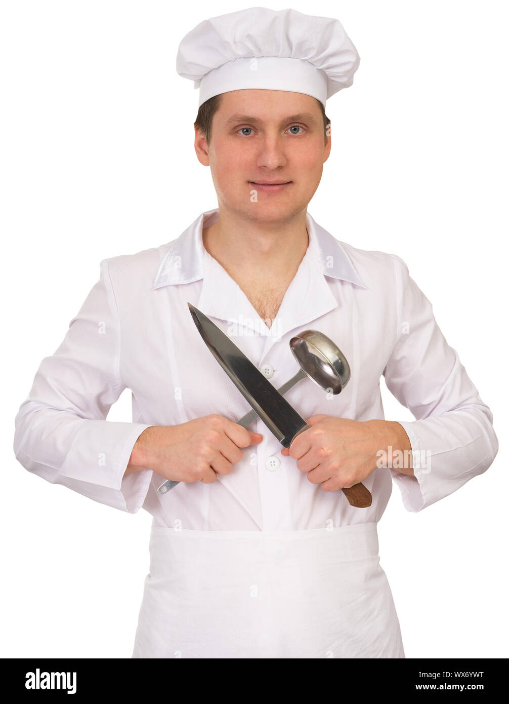 Cook in white overallon with the knife and the ladle on a white ...