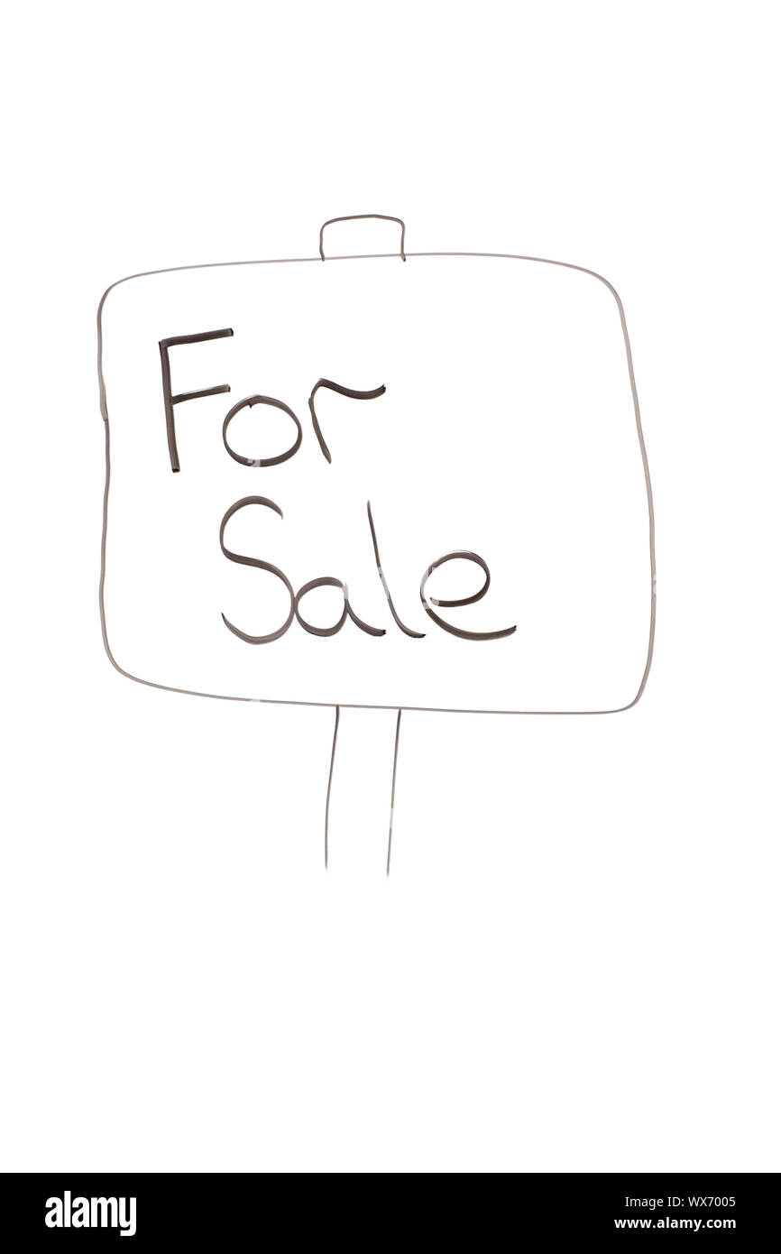 Drawn sign with words "for sale" written on it on a white background ...