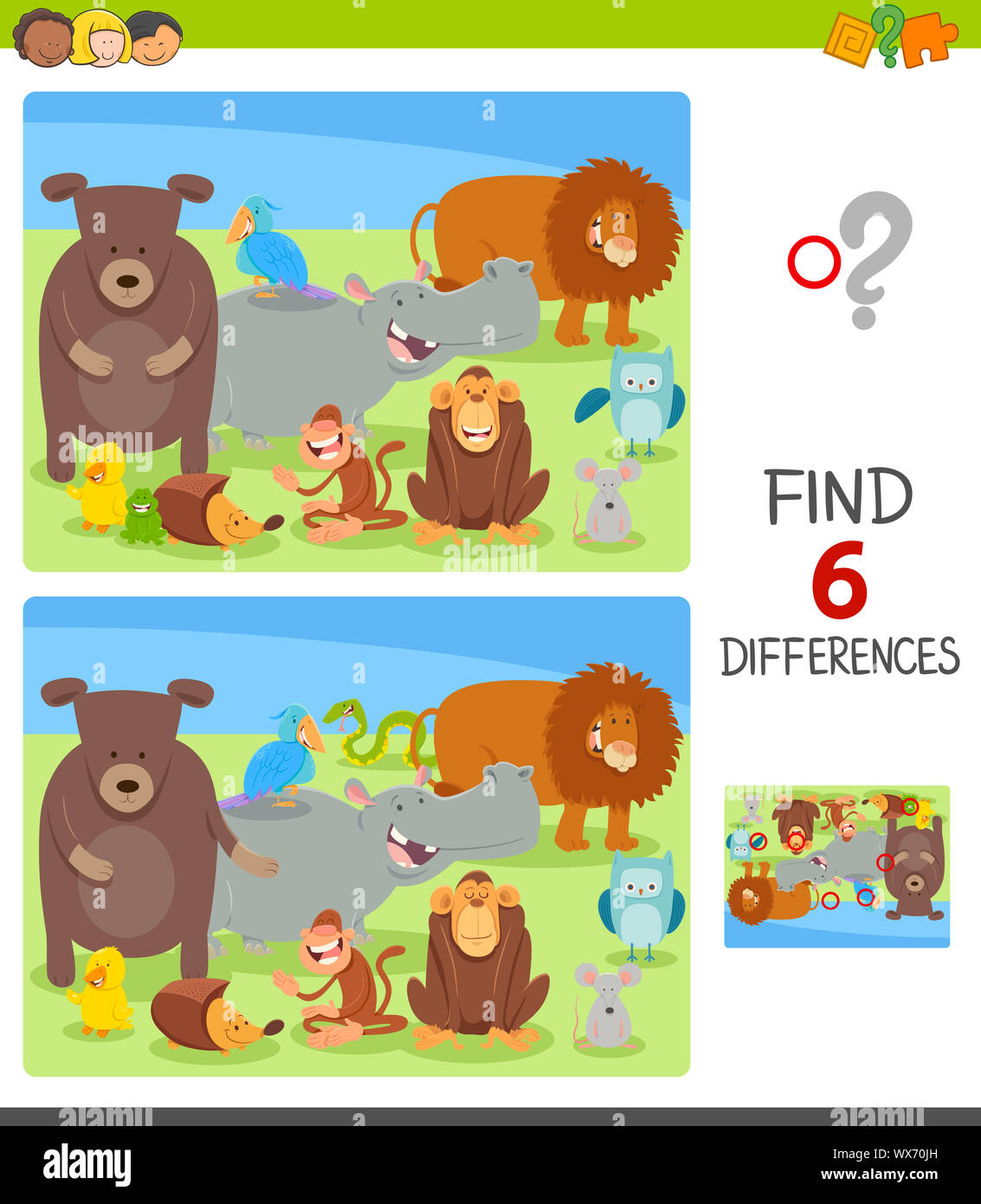 differences task with cartoon animal characters Stock Photo - Alamy
