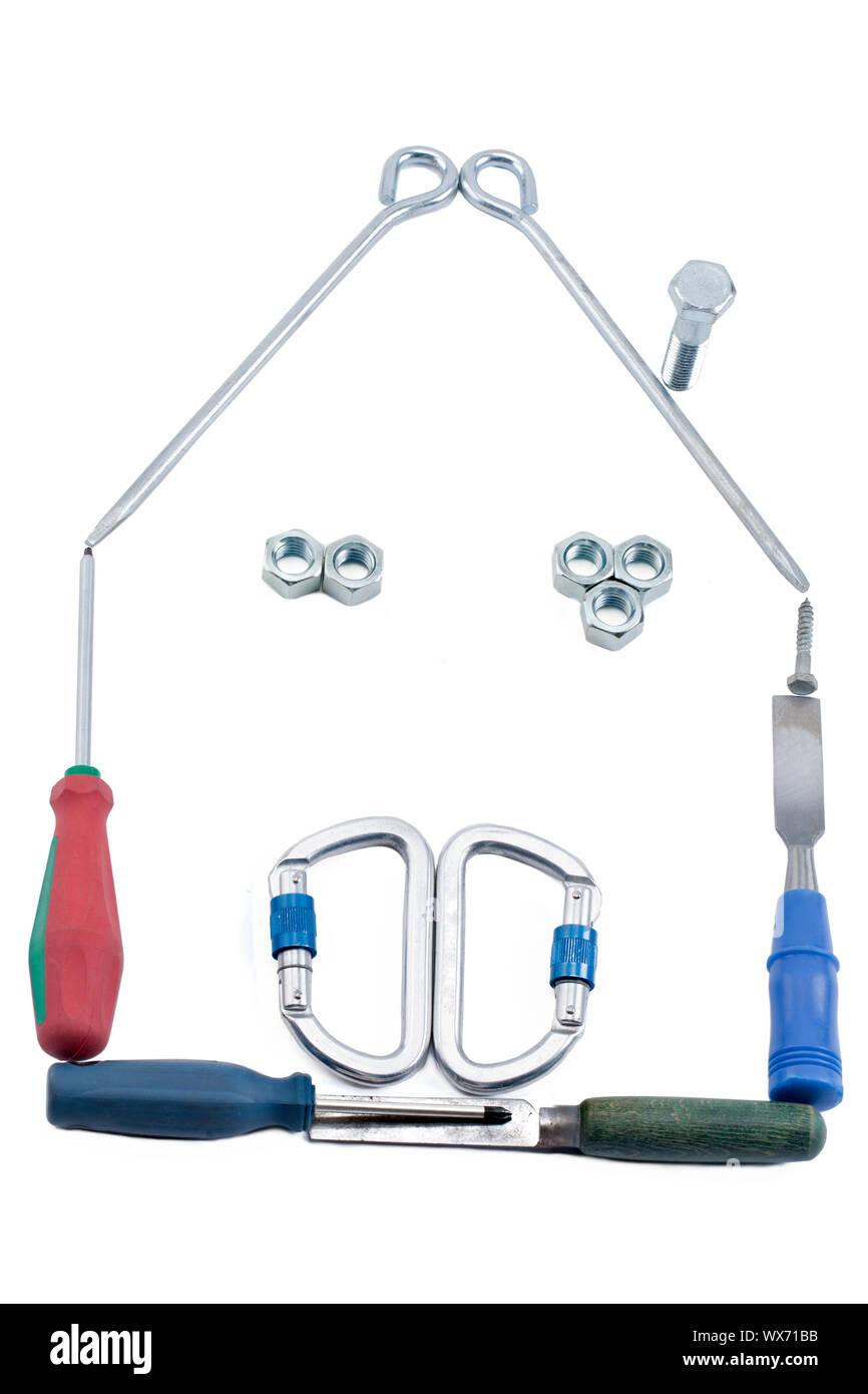 Close up image of house made of tools against white background Stock ...