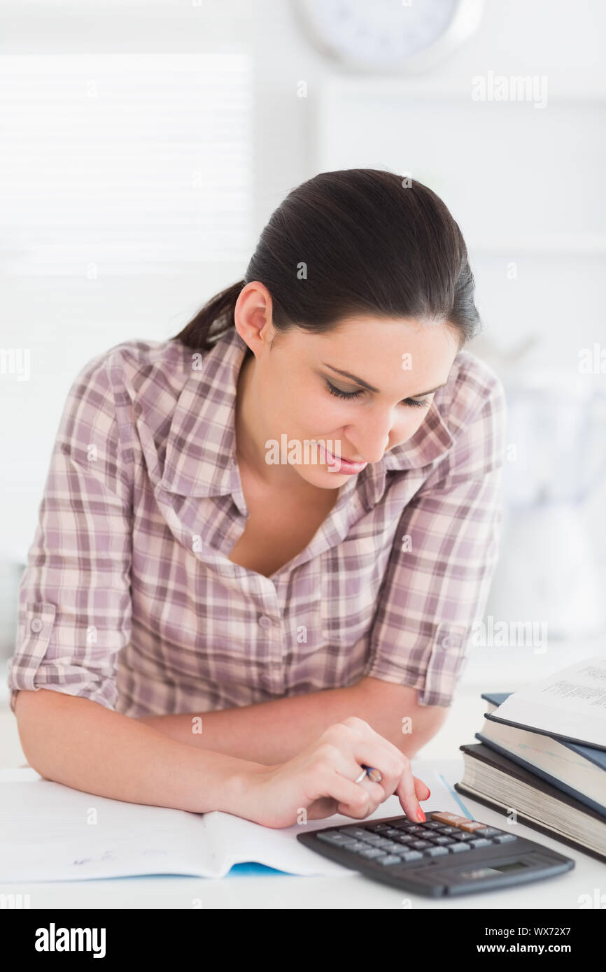 Woman Using A Calculator In A Living Room Stock Photo - Alamy
