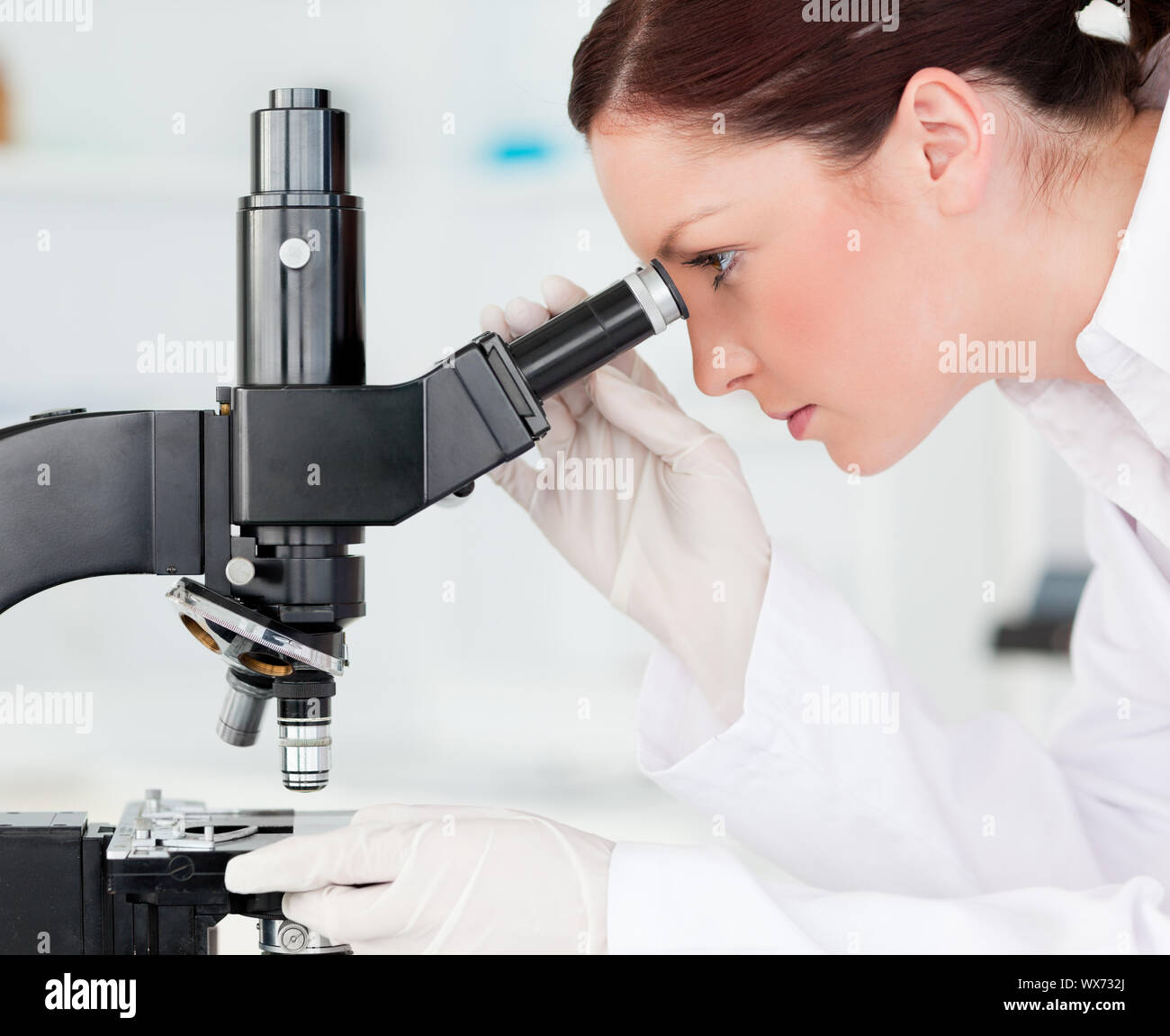 Attractive red-haired scientist looking through a microscope in a lab ...